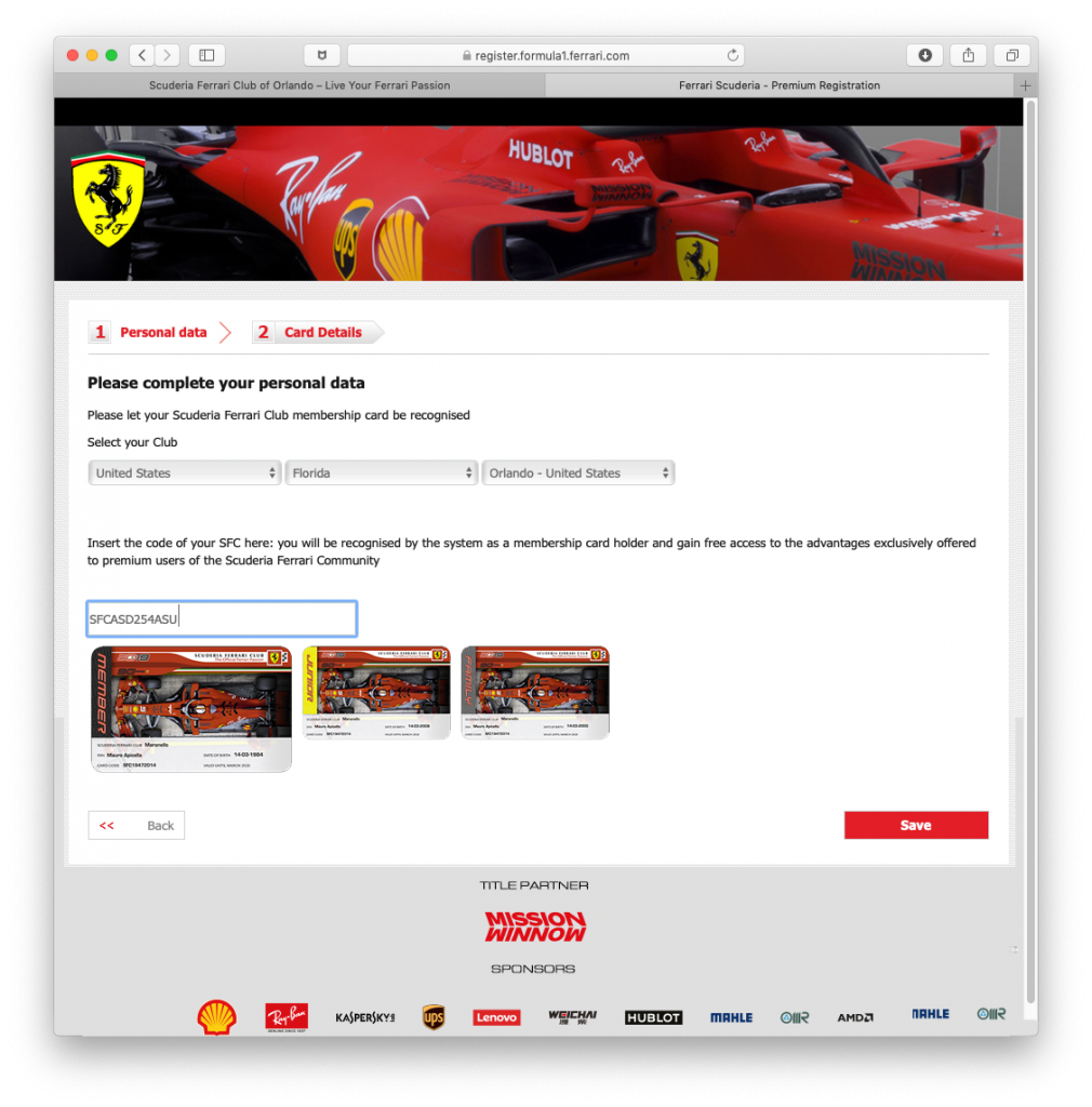 Registration Steps at: f1member.ferrari.com (3/3) – Scuderia Ferrari ...